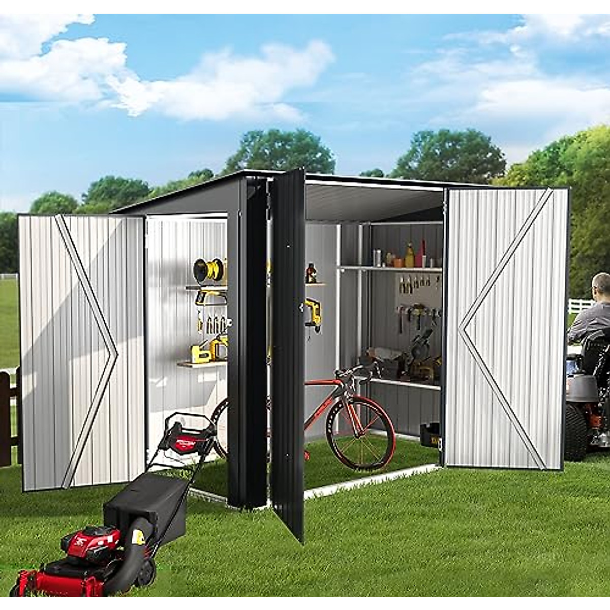 AECOJOY Storage Shed, 4 x 7.5 Ft Horizontal Bike Sheds & Outdoor Storage with Racks, Metal Outdoor Storage Cabinet for Garden