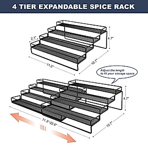 IFELS Spice Rack Organizer for Cabinet, 4 Tier Seasoning Organizer, Expandable Spice Rack Shelf,Step Spice Storage Holder, for Kitchen Cabinet Countertop,with Protection Railing, Metal (Black,2 PC)