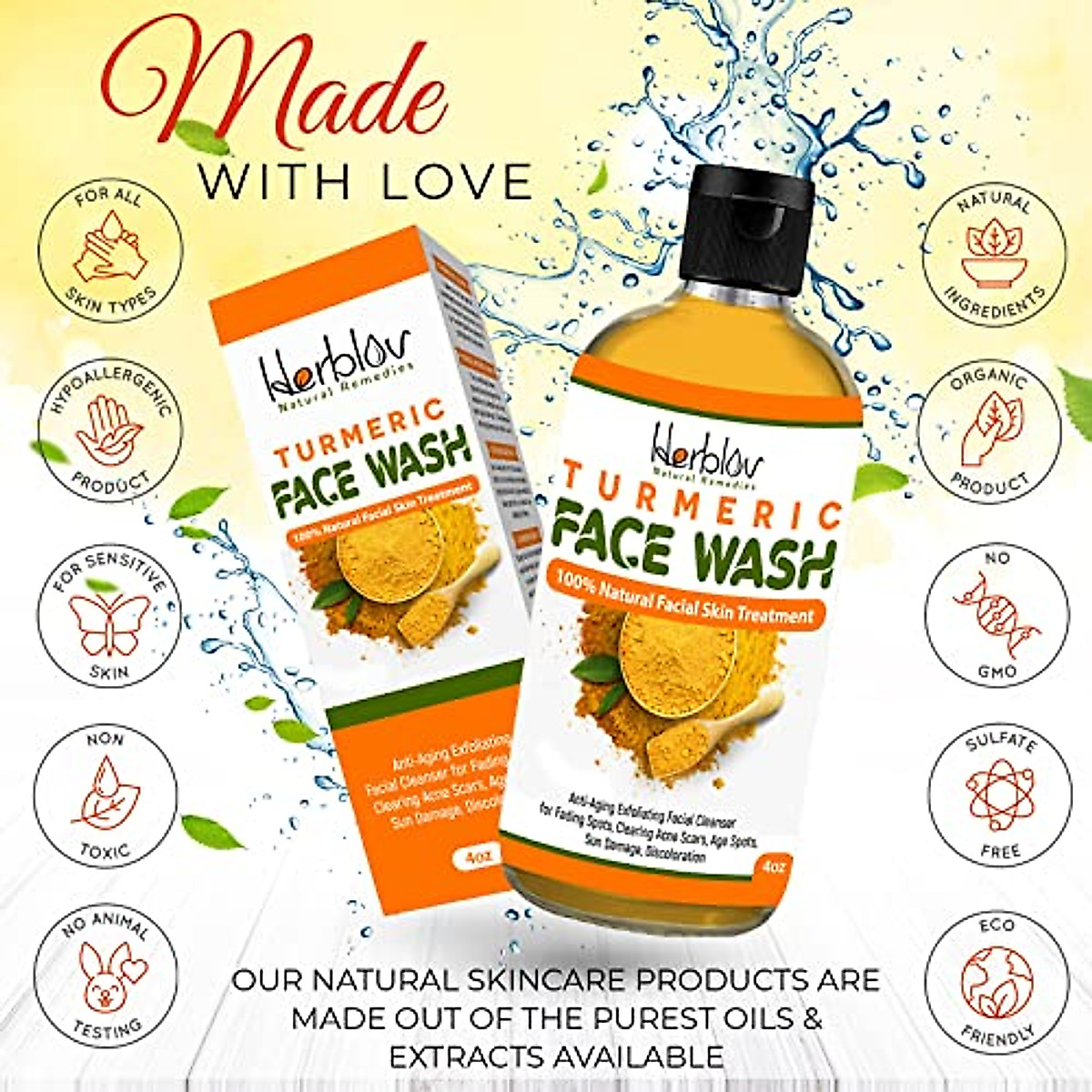Herblov Turmeric Face Wash, 4oz Turmeric Clear Skin Liquid Soap – 100% Natural Anti Aging Exfoliating Turmeric Facial Cleanser for Spots, Clearing Acne Scars, Age Spots, Sun Damage, Discoloration – Turmeric Soap Skin Detox Made in USA