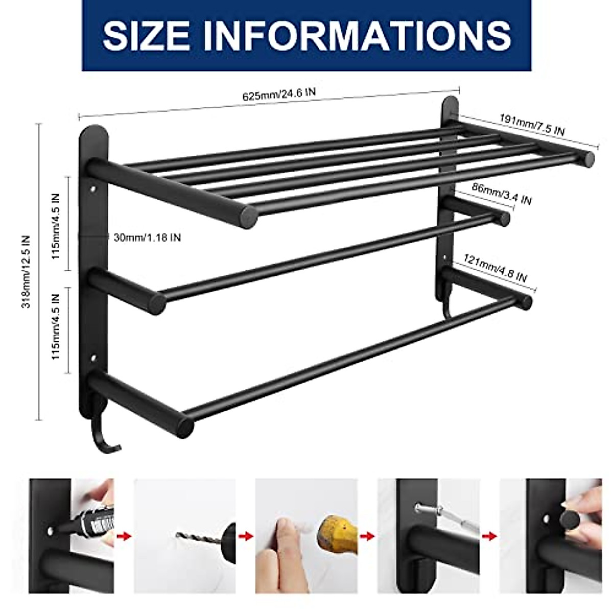 NearMoon Bathroom 3 Tier Towel Shelf- Premium SUS304 Stainless Steel Towel Rack with Double Towel Bar Space Saving Towel Hangers Bath Storage Organizer Accessory Wall Mounted (24 Inch, Matte Black)