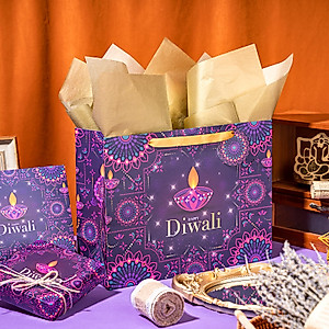 Loveinside Diwali Gift Bag with Tissue Paper, Gift Tag and Greeting Card for Diwali, Autumn, Holiday and Party - 13" x 5" x 10", 1 Pcs, Diwali