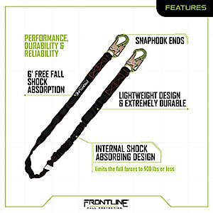 Frontline LIS61S Internal 6' Shock Absorbing Lanyard | Single Leg Lanyard Snap Hook Ends | ANSI & OSHA Compliant