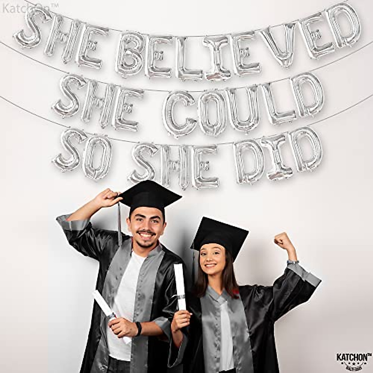 XtraLarge, She Believed She Could So She Did Banner - 16 Inch, Silver Graduation Banner | Graduation Party Decorations 2023 | Metallic Silver Congrats Grad Banner for Graduation Party Supplies 2023