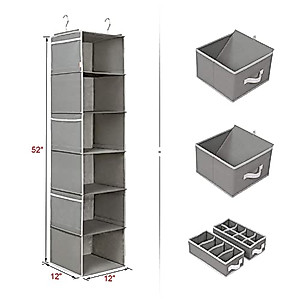 Univivi 6-Shelf Closet Hanging Storage Organizer, Hanging Closet Organizer with Drawers and 6 Side Pockets Closet Hanging Shelves for Baby, Nursery, Closet, Clothes, Tshirts - Gray