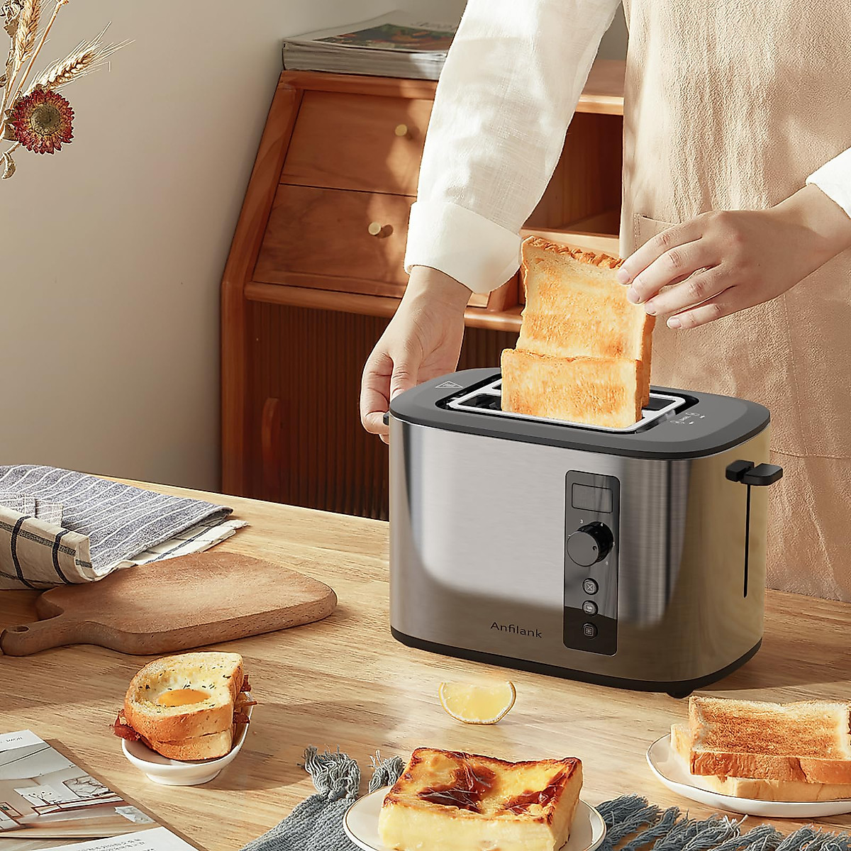 Anfilank Extra Wide Slot 2-Slice Toaster with Digital Countdown Timer, Stainless Steel, 6 Browning Settings, Built-in Warming Rack, Cancel/Bagel/Defrost Functions