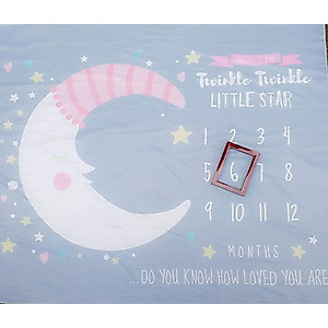 Baby Monthly Milestone Blanket Newborn Girl Pink Moon Star Smiley Hat Photo Props Shoots Backdrop Shower Gift Nursery Decor Photography Growing Infants Memory Swaddle Blanket with Headband Frame