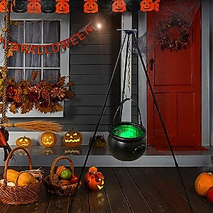 Sarkoyar Halloween Decor Outdoor,Witches Cauldron on Tripod with Green Light,Black Plastic Bowl Decor,Hocus Pocus Candy Bucket Decor for Home Patio Garden Lawn Outside Black