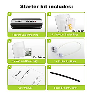 Yougfin Vacuum Sealer Machine, Dry & Moist Food Sealer with 6-in-1 Easy Operations for Food Storage and Sous Vide, Automatic Sealer Machine with 10 Sealer Bags, Touch Screen Design