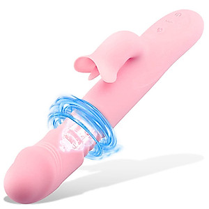 Thrusting Rabbit Vibrator for Women, G Spot Dildo Vibrator 3 Thrusting Rotating and 7 Clitoris Stimulator Vibrator 3 in 1 Rechargeable Heating Anal Dildo Adult Sensory Sex Toys Pink US3