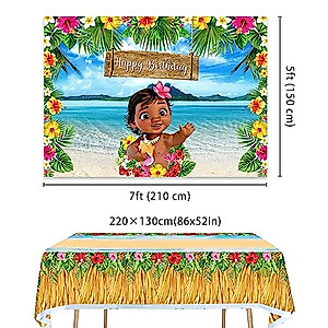Summer Beach Baby Moana Backdrop and Tablecloth 86x52 inch Maui Palm Leaves Flowers Cake Table Decoration Girls Princess Moana Birthday Photo Background Baby Shower Party Supplies (7x5ft)