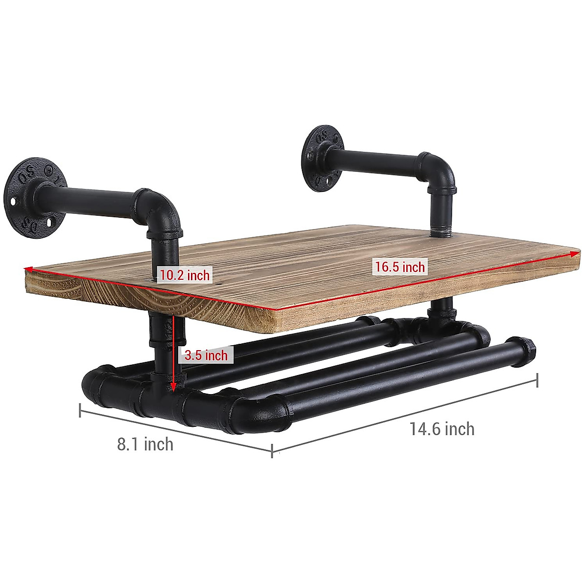 MyGift Industrial Black Metal Wine Glass Holder Wall Mount Rack with Display Shelf, Decorative Bar Stemware Hanger with Burnt Wood Floating Shelf - Holds 6 Glasses