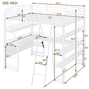 Merax Full Size Loft Bed with 4 Layers of Shelves and L-Shaped Desk, Stylish Metal Frame Bed with a Set of Sockets, USB Ports and Wireless Charging, White