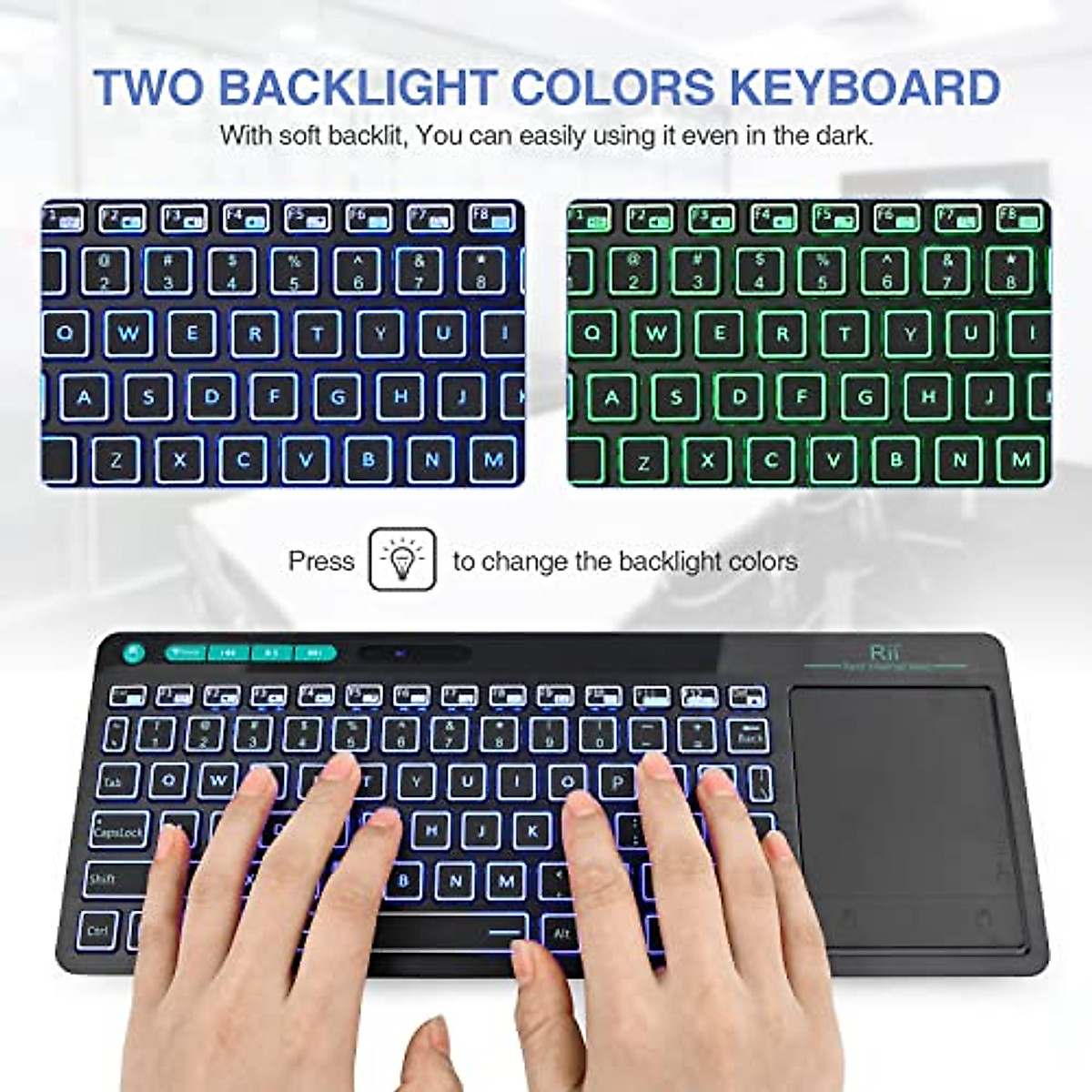 (Dual Mode) Rii RT518S Wireless and Bluetooth 2-LED Color Backlit Multimedia Keyboard with Multi-Touch Big Size Trackpad,Rechargable Keyboard for Android TV Box,PC,Tablets,Smart TV, HTPC, IPTV,Windows