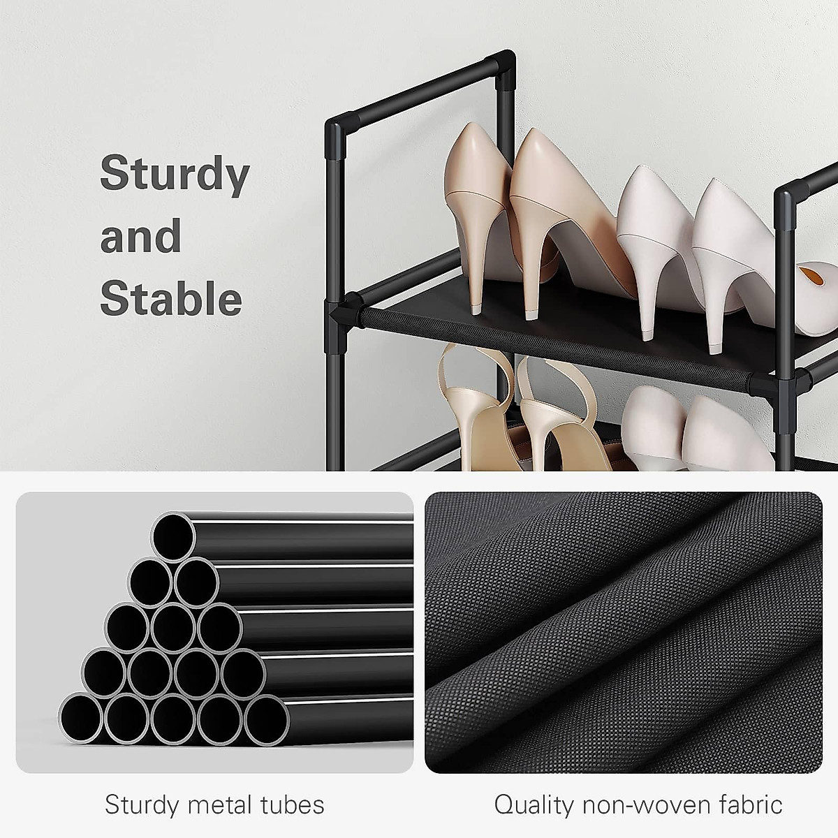 ciecie Shoe Rack, Shoe Organizer, 10 Tiers Non-Woven Fabric Shoe Shelves, Sturdy Shoe Rack for Closet, Garage & Corridor, Tall Shoe Rack for Entryway,11" D x 17.7" W x 68" H-Black