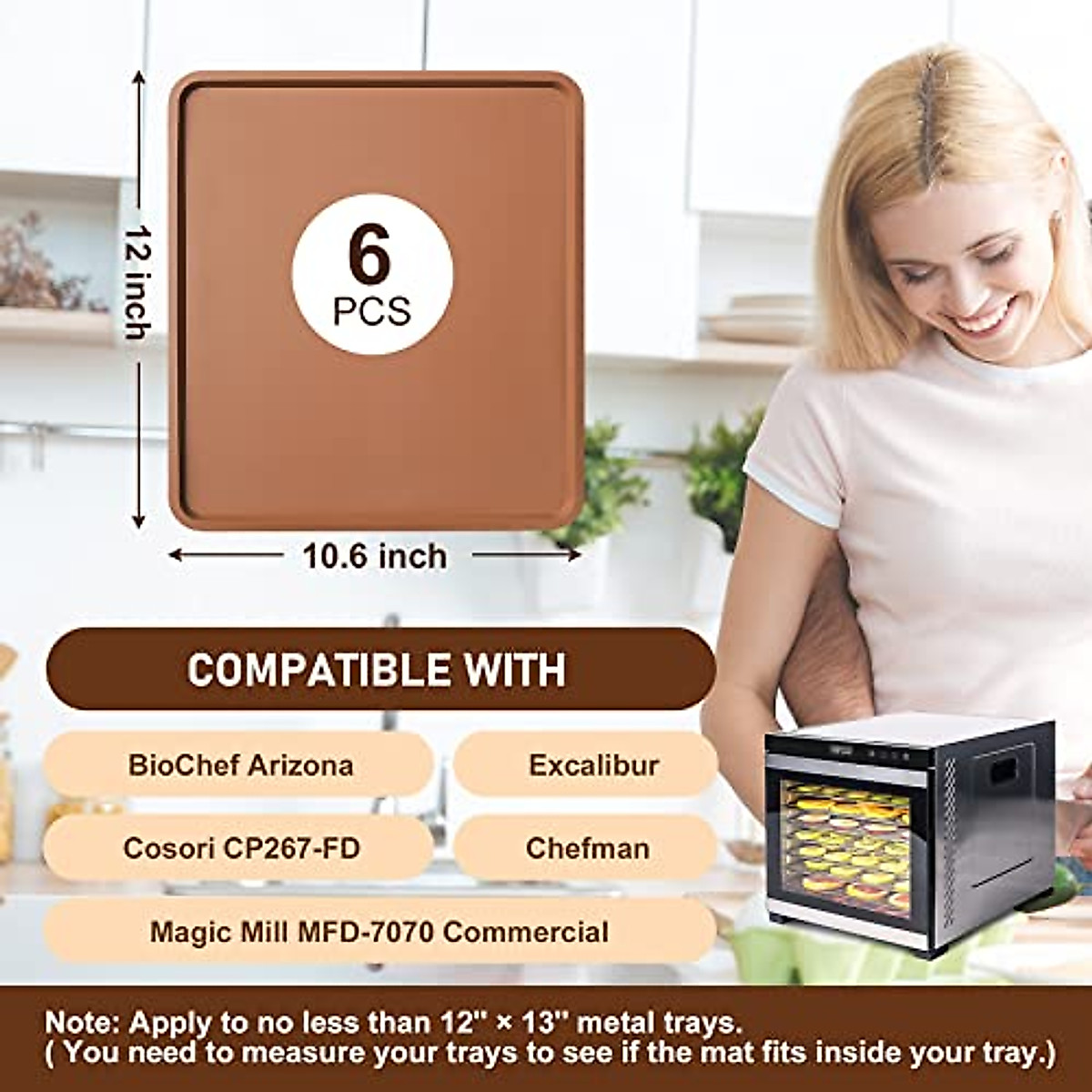 6-Pack Silicone Dehydrator Mats with Edge, 12x10.6inch Non-Stick Food Dehydrator Tray Liner Compatible with Cosori CP267-FD, Reusable Dehydrator Sheets for Fruits Eggs Meat Vegetables Flowers Herbs