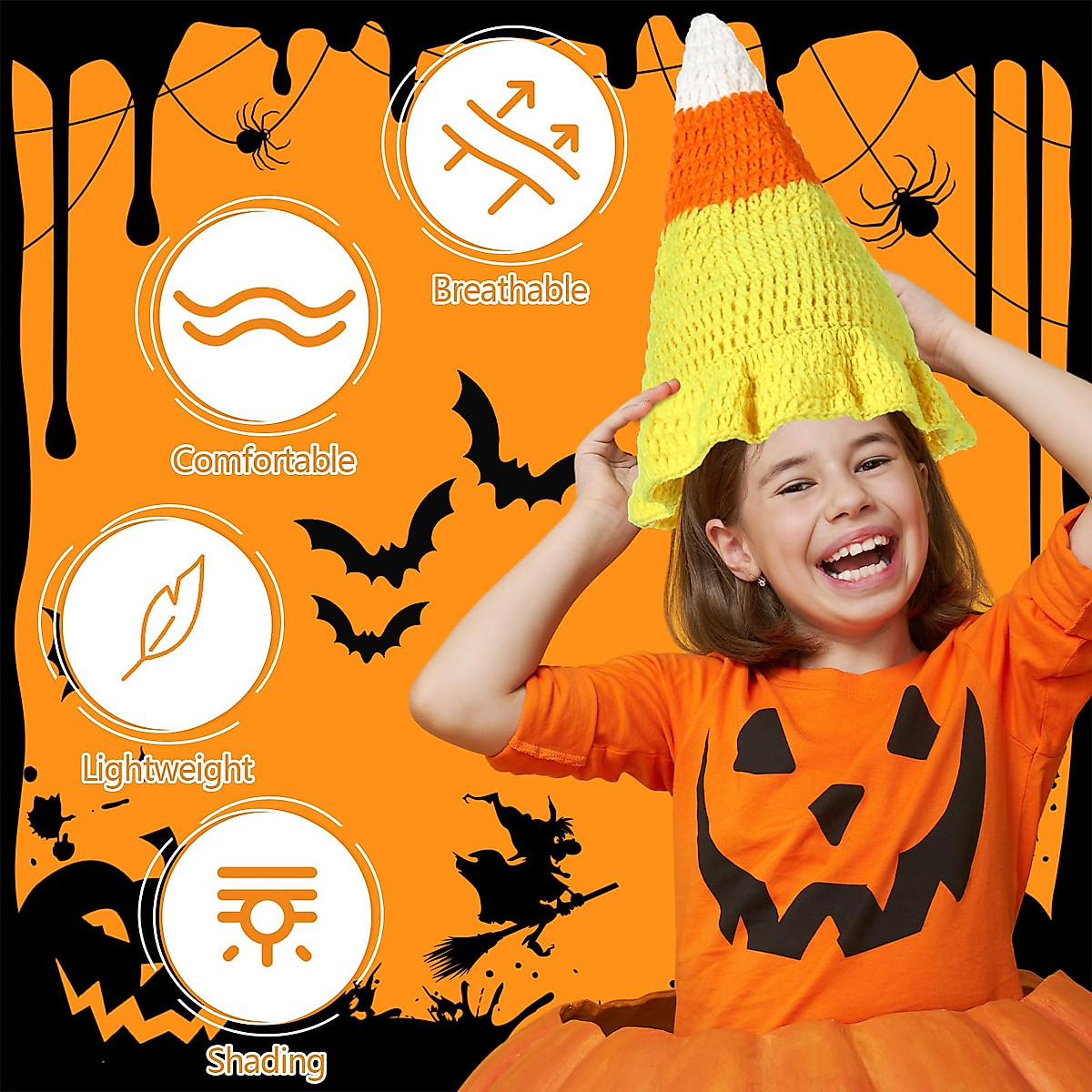 Panitay 10.63 x 12.99 Inch Candy Corn Witch Hat Crochet Pattern for Women Adult Knitted Crochet Wizard Hat for Autumn Halloween Cosplay Party Decorations, Orange, White and Yellow