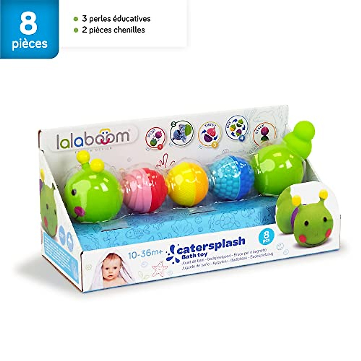 Lalaboom - 8 Piece Bath Caterpillar and Baby Pop Beads - Ages 10 Months to 3 Years - BL500