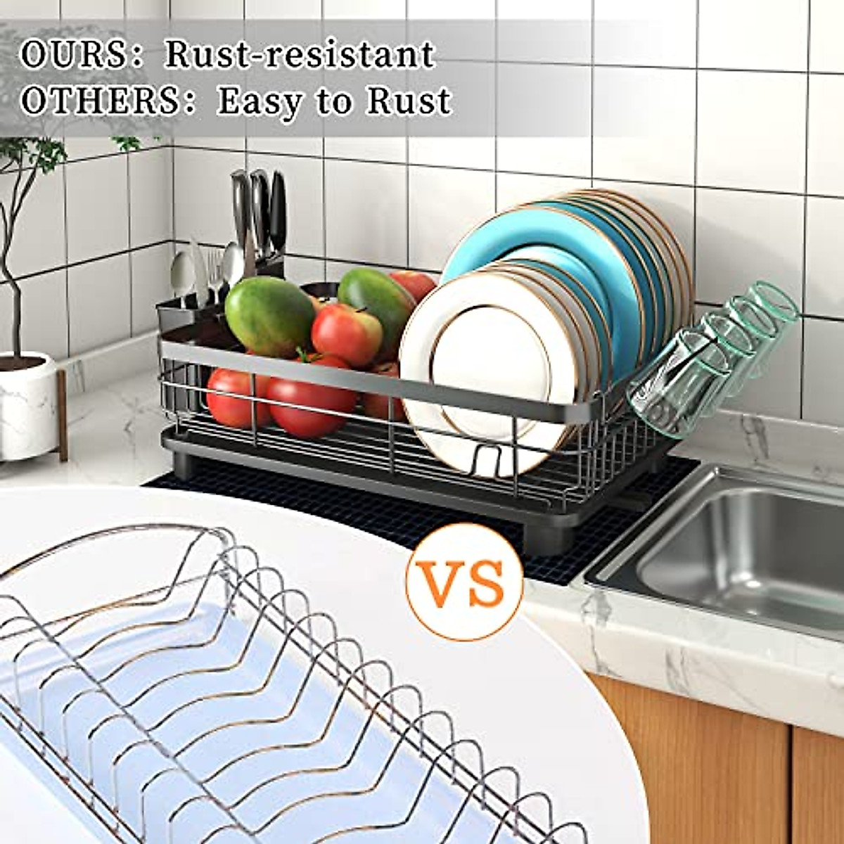 Godboat Dish Rack with Drainboard, Dish Drainers for Kitchen Counter, Drying Rack with Utensil Holder, 360° Swivel Spout, Design for Long-Lasting and Space Saver