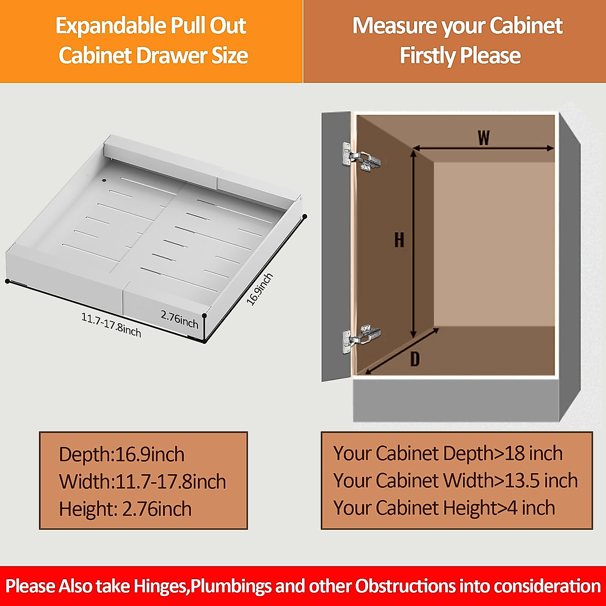 SJTOEB Expanded Pull Out Cabinet Organizer, Pull Out Drawers for cabinets with Adhesive Film, Slide Out Drawers for Kitchen cabinets (Expandable11.7-17.8" W x 16.9" D x 2.76" H) (White, 16.9" Depth)