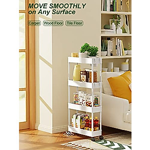 LEHOM 5.1" Slim Storage Cart - 4 Tiers Bathroom Organizer Mobile Shelving Unit Storage Rolling Utility Cart Slide Out Organizer for Kitchen Bathroom Laundry Narrow Places, White