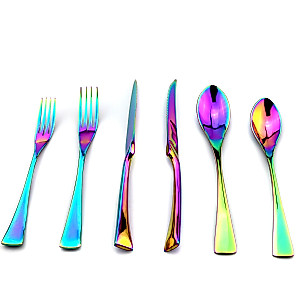 JASHII 18/10 Stainless Steel 8 Piece Mirror Polished Rainbow Serrated Steak Knife Colorful Serving Black Utensil Set