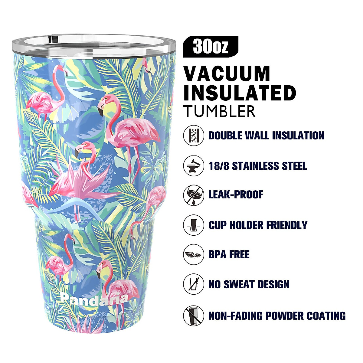 Pandaria 30oz Insulated Tumblers with Lids and Straws, Double wall Stainless Steel Tumbler with straw, Reusable Spill Proof Tumbler, Perfect for Iced Coffee, Tea & More- Flamingo