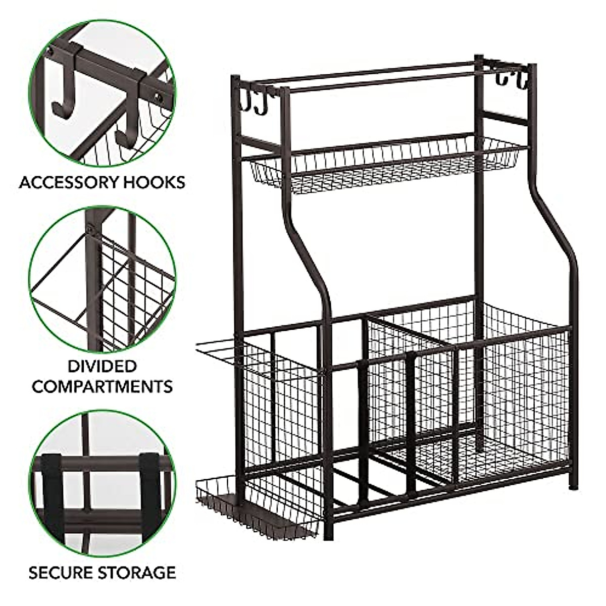 mDesign Metal Heavy Duty Garage Storage System Rack with Top Shelf, Multi-Purpose Sporting Goods Storage with Multiple Compartments, Baskets and Hooks - Holds Equipment, Balls, Bats - Bronze