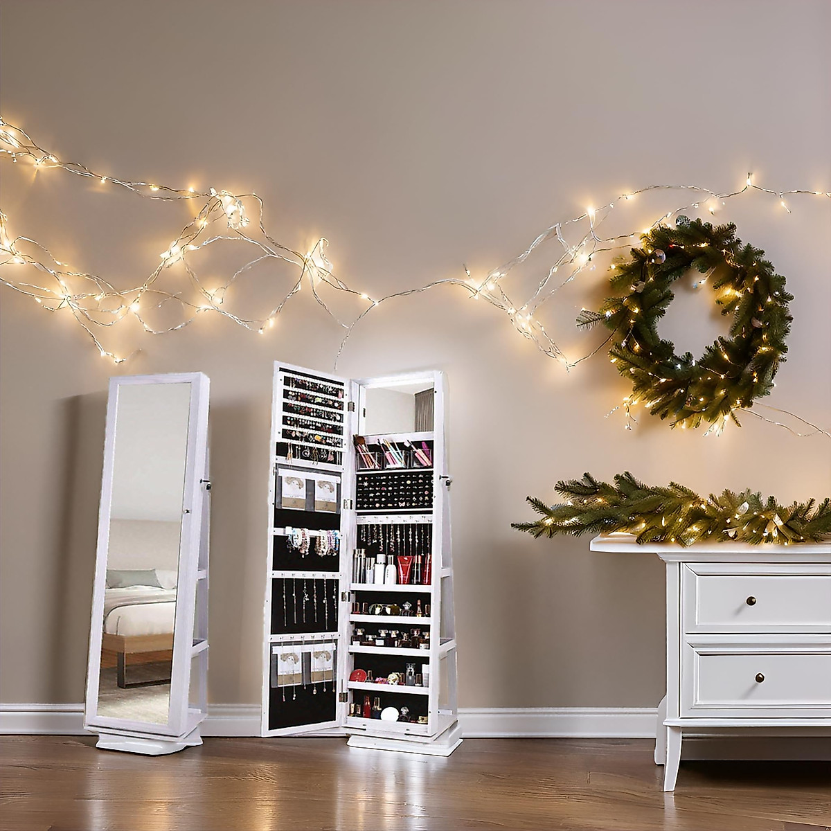 SDHYL 360° Rotating Full-Length Mirror Jewelry Cabinet - Standing Mirror with Jewelry Storage, Makeup Organizer & Lock, 63"x15", Perfect for Girls, Women, and Home Decor