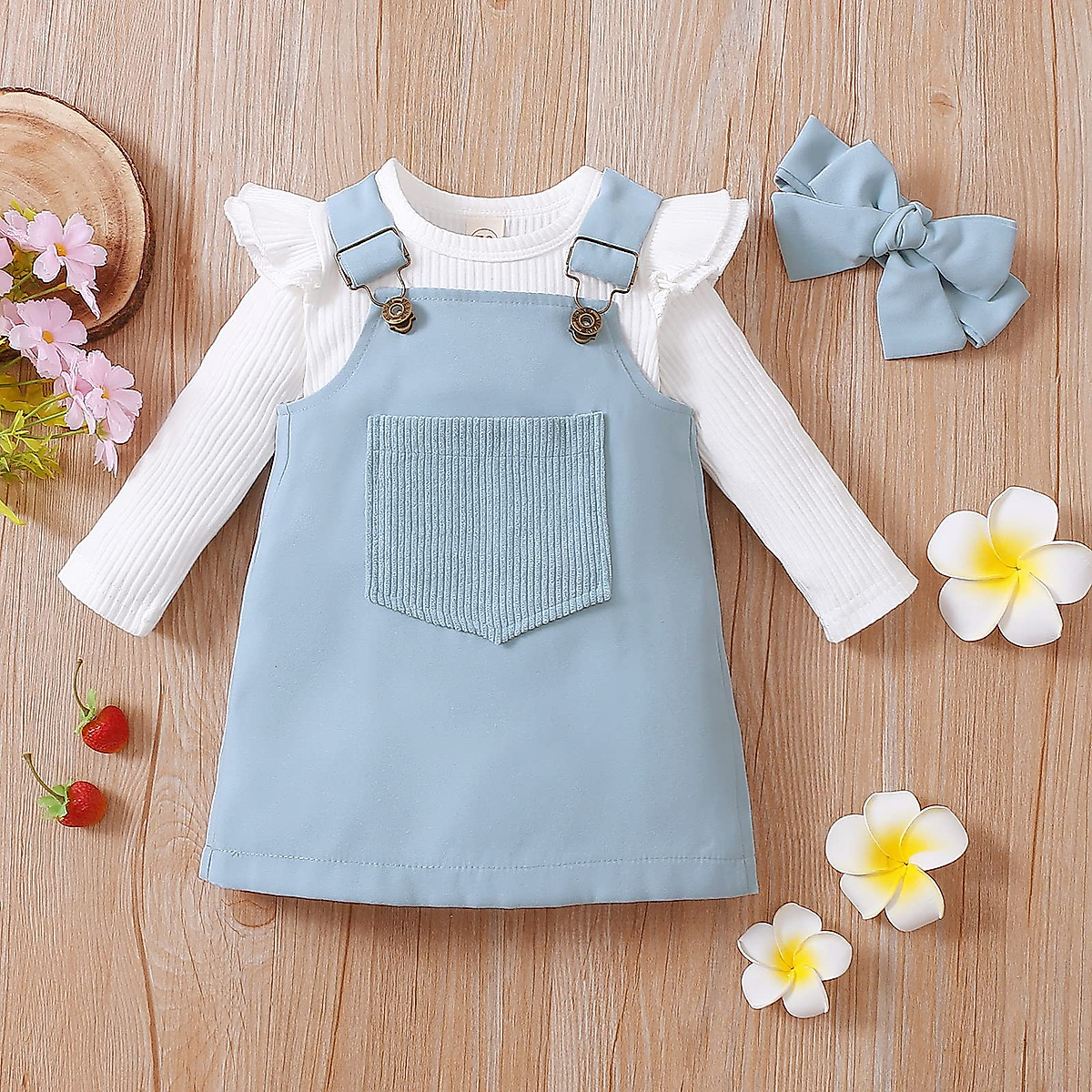 MIEKISA Baby Girl Long Sleeve Romper Suspender Skirts Set Hair Band Free (Blue, 9-12M) Set17# Set17#