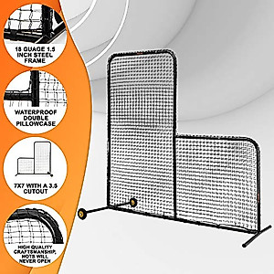 L Screen Baseball Pitching Net for Batting Cage | Pitching Screen with Wheels-7 feet by 7 feet, 3.5 Inch by 3.5 Inch Cutout, Body Protector for Back Drive Lines Beisbol