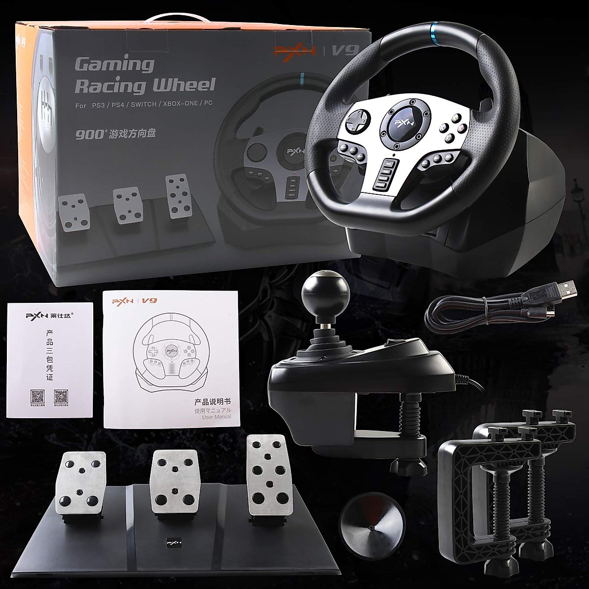 PXN V9 Game Racing Wheels,270°/900°PC Steering Whee With Pedals and Shifter,Support Vibration and Headset Function,for PC Xbox One, Xbox Series S/X,PS4, PS3,Switch