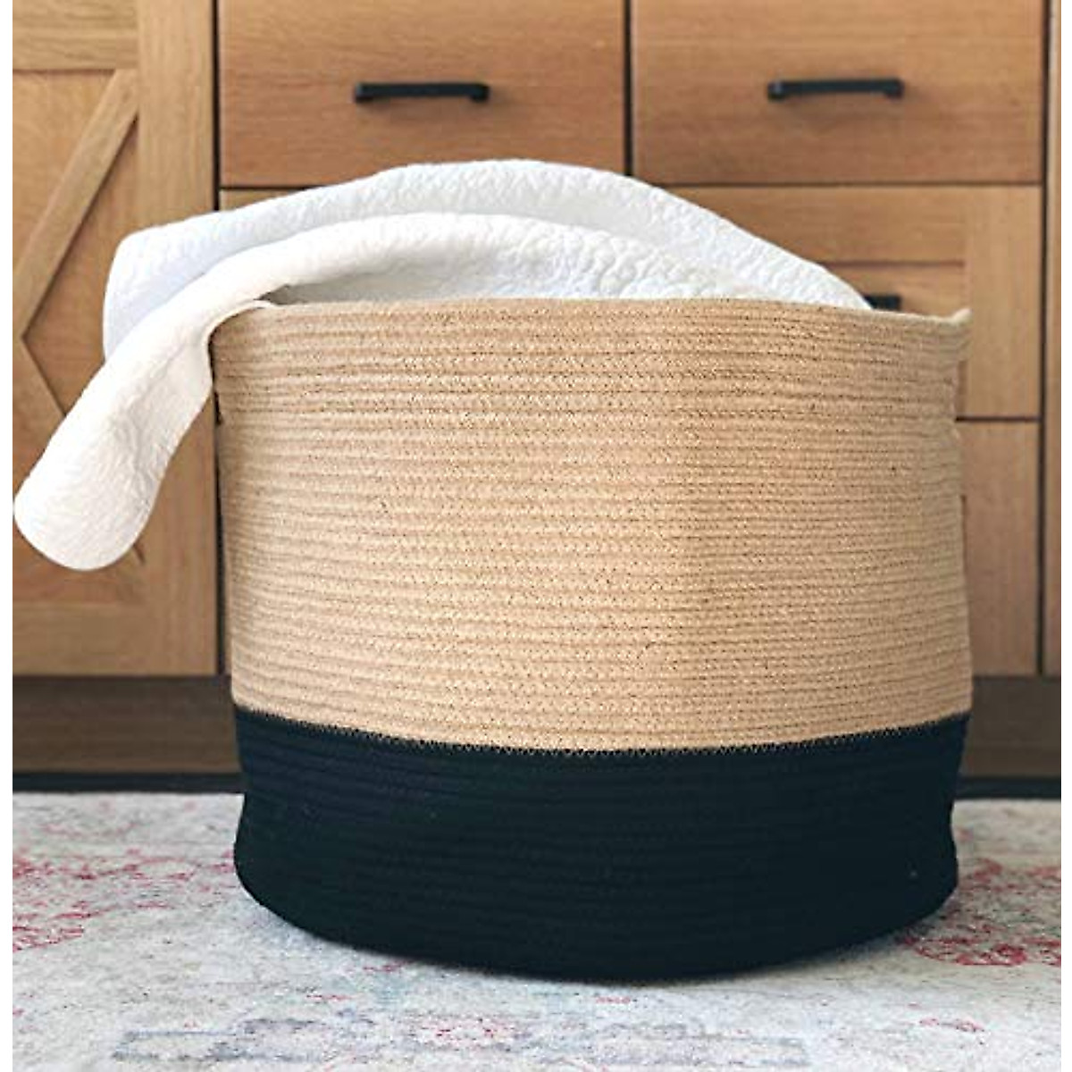 Chloe and Cotton XXXL Extra Large Woven Rope Storage Basket 15 x 21 inch Jute Black Handles | Decorative Laundry Clothes Hamper, Blanket, Towel, Baby Nursery Diaper, Toy Bin Cute Collapsible Organizer