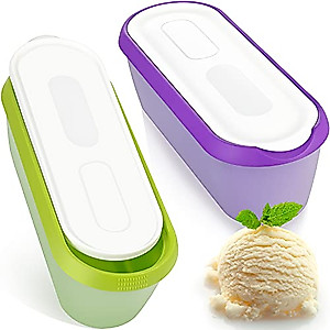 2 Pieces Ice Cream Storage Containers with Lids Set 2.5 Quarts Homemade Ice Cream Tubs, Reusable Cream Container with Non Slip Base Freezer Containers (Green and Purple)