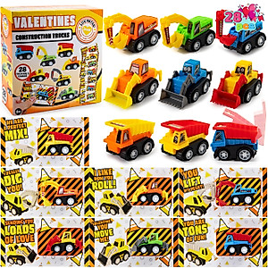 JOYIN 28 Valentines Day Construction Vehicle Greeting Cards for Kids Valentine's Day Classroom Exchange Prizes, Construction Truck Party Favor Gifts