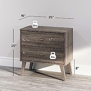 Prepac Milo Mid-Century Modern 2 Drawer Nightstand, Bedside Table, Contemporary Bedroom Furniture, 16"D x 25"W x 25"H, Drifted Gray