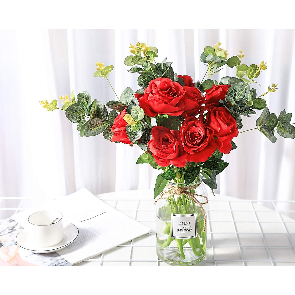 Luyue 10PCS Artificial Roses Flower Silk Rose with Stem Realistic Artificial Long Stem Red Rose Valentine's Day Fake Roses Bouquet for Wedding Home Decoration