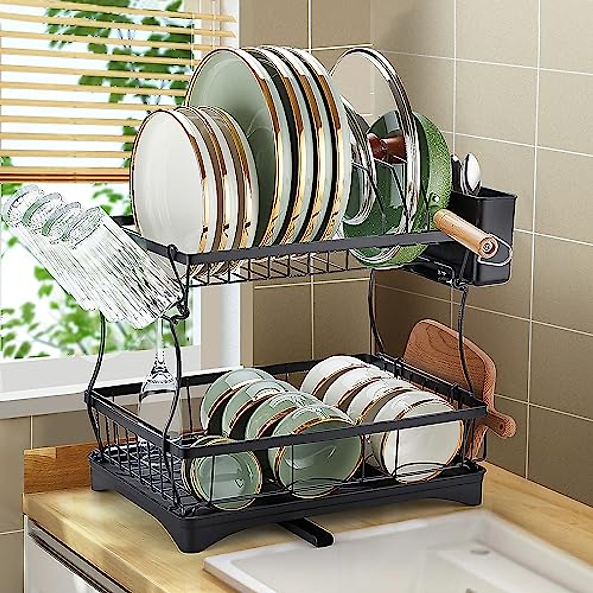 Dish Drying Rack, 2 Tier Dish Racks for Kitchen Counter, Dish Drainer Dish Rack with Pots & Pans Holder, Large Dish Drying Rack with Drainboard Utensil Holder Cup Holder Cutting Board Holder - Black
