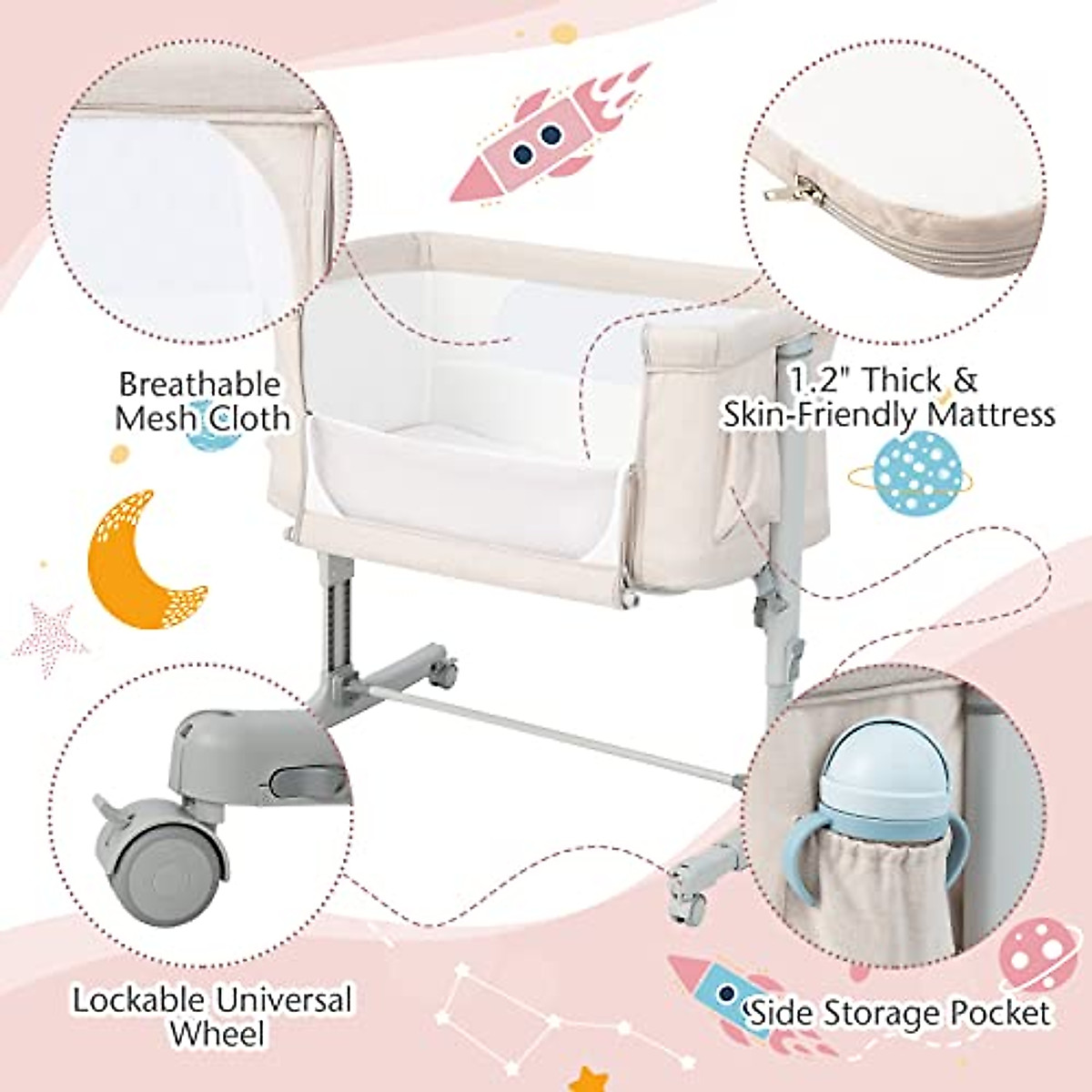BABY JOY Bassinet Bedside Sleeper, 3 in 1 Folding Crib w/Adjustable Height, Mattress, Lockable Wheels, Storage Pocket & Carry Bag for Infant Newborn, Stationary & Rock, Portable Baby Bassinet (Beige)