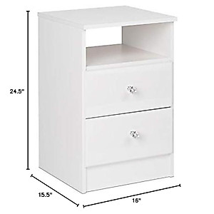 Prepac Astrid Simplistic Nightstand with 2 Drawers and Open Shelf, Functional Bedside Table with Acrylic Knobs 15.5" D x 16" W x 24.5" H, White, WDNH-0402-1-V