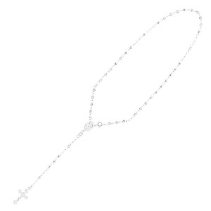 Solid 925 Sterling Silver Diamond Cut 3mm Italian Virgin Mary Rosary Bead Cross Necklace | Made In Italy | 925 Sterling Silver Rosary Y Necklace Chain for Women And Men, 18" Inches