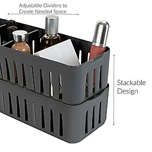 Simplify 2 Pack 4 Compartment Stackable Bin with Adjustable Dividers | Drawer Organizer | Storage Basket | Good for Office | Desk Supplies | Dorm |Bathroom | Accessories | Make Up | Grey