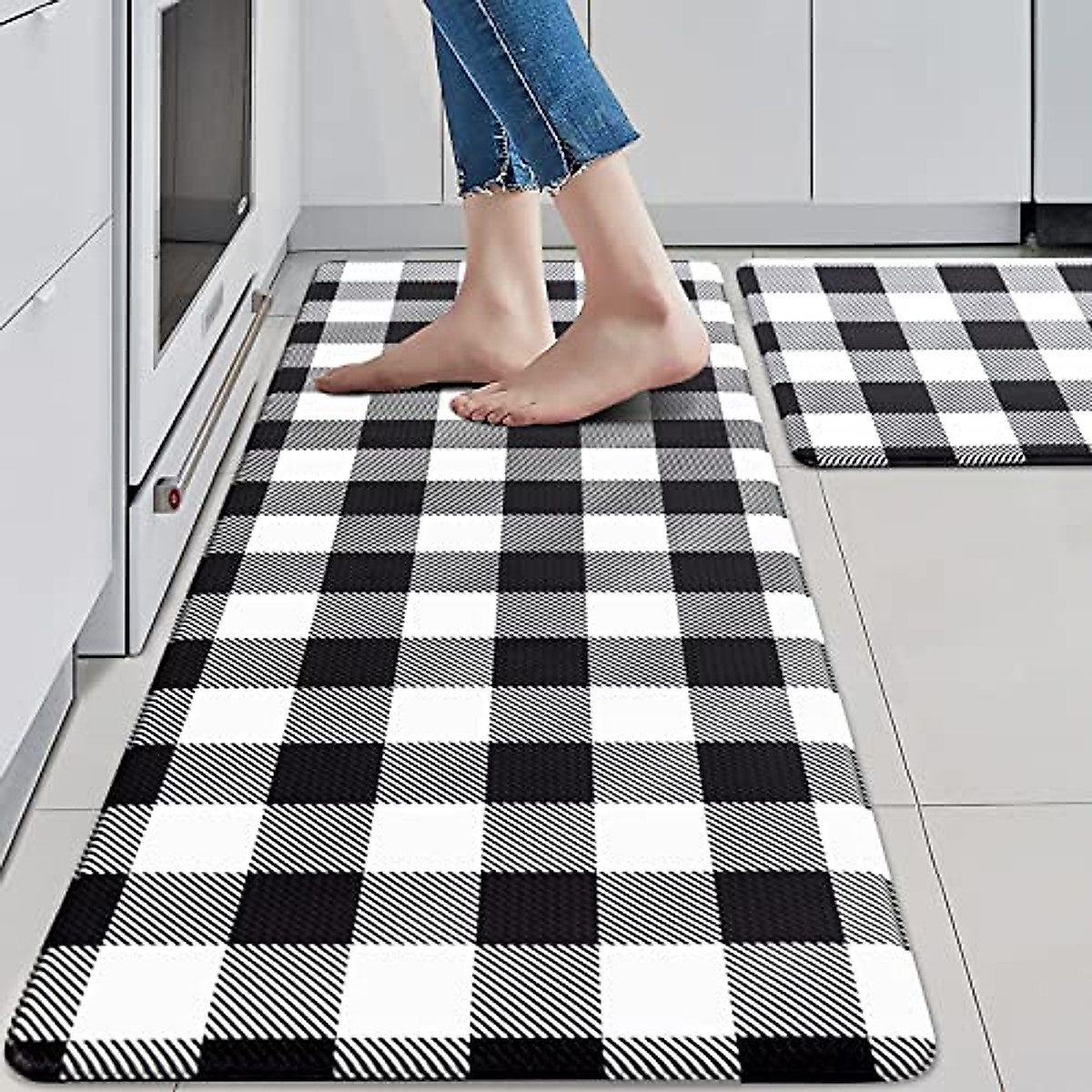 MAYHMYO Kitchen Mats 2 PCS Anti Fatigue Kitchen Rugs Non Skid Waterproof Kitchen Floor Mat Cushioned Black and White Kitchen Rugs Farmhouse Comfort Standing Kitchen Mats for Floor, House, Sink, Office