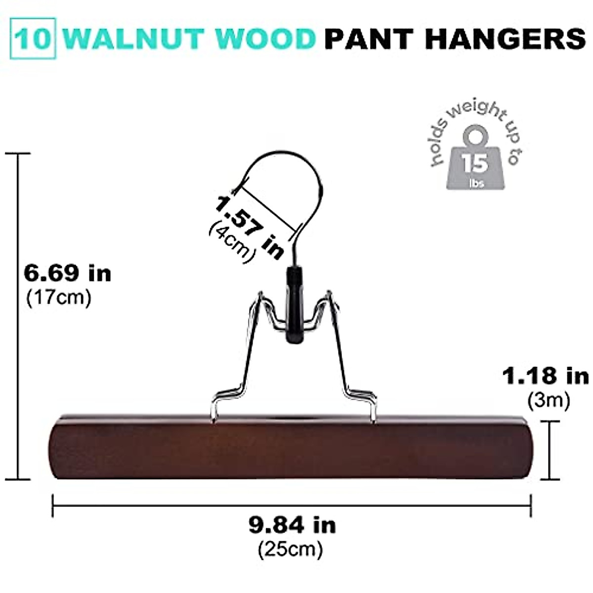 Amber Home Walnut Wooden Pants Hangers 10 Pack, Wood Clamp Hangers with Non Slip Padded Velvet, Jeans/Slacks Hangers Hair Extension Hangers for Skirts, Trousers, Wigs (Walnut, 10)