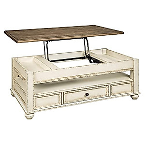 Signature Design by Ashley Realyn Vintage Farmhouse Rectangular Lift Top Coffee Table with Storage Drawer, White & Brown