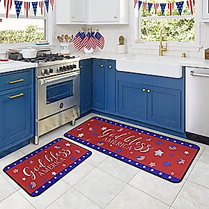 Protikol Fourth of July Kitchen Rugs Set 2 Pieces Independence Day Non Skid Kitchen Floor Rug and Mat Red Blue Kitchen Runner Rug Mat for Indoor Home Kitchen Decor 17"x47"+17"x30"
