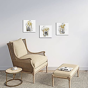 HOMEOART Gold Grey Flower Bathroom Decor Picture Perfume Bottle with Flower Fashion Canvas Wall Art Framed Ready to Hang 12x12inchx3Pieces