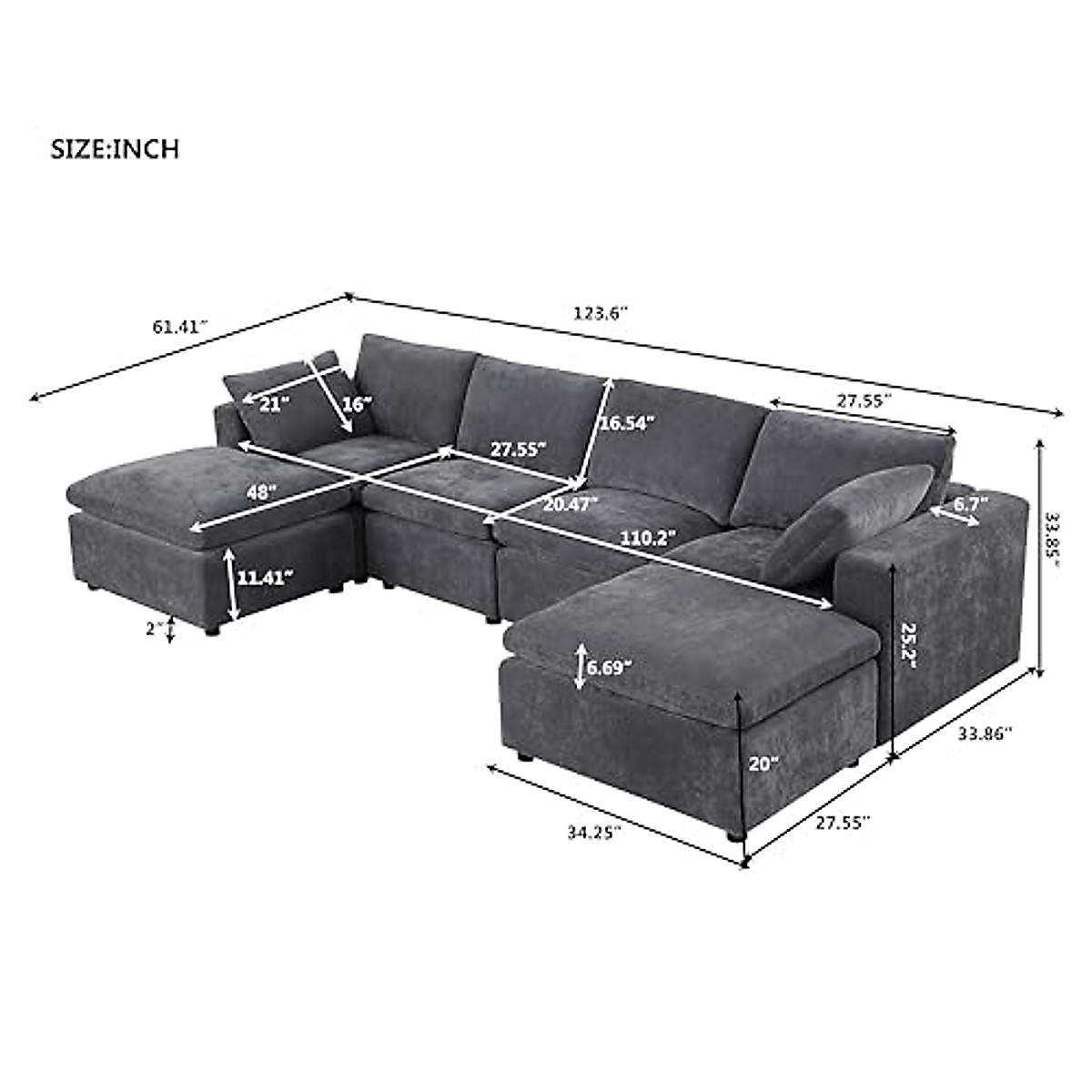 U-Shaped Chenille Upholstered Modular Sectional Sofa Oversized Deep Seat Reversible Chaises Cloud Couch Convertible Living Room Sleeper Sofabed with Movable Ottomans for Home, Apartment