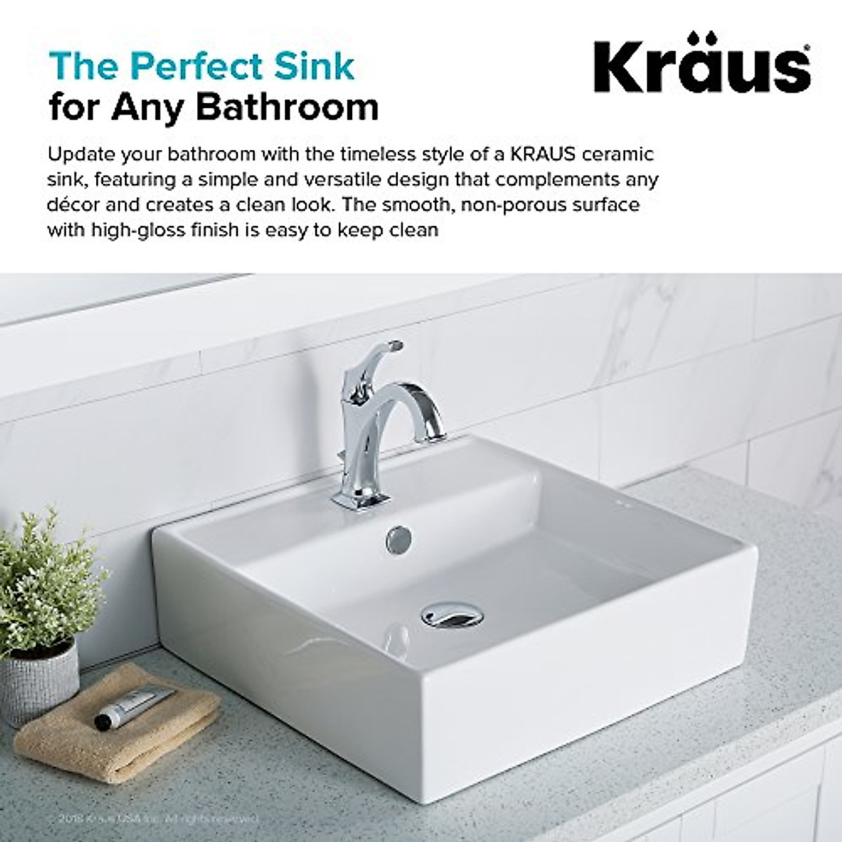 Kraus KCV-150 Elavo Square Vessel Porcelain Ceramic Bathroom Sink with Overflow, 18 1/2, 18.63, White