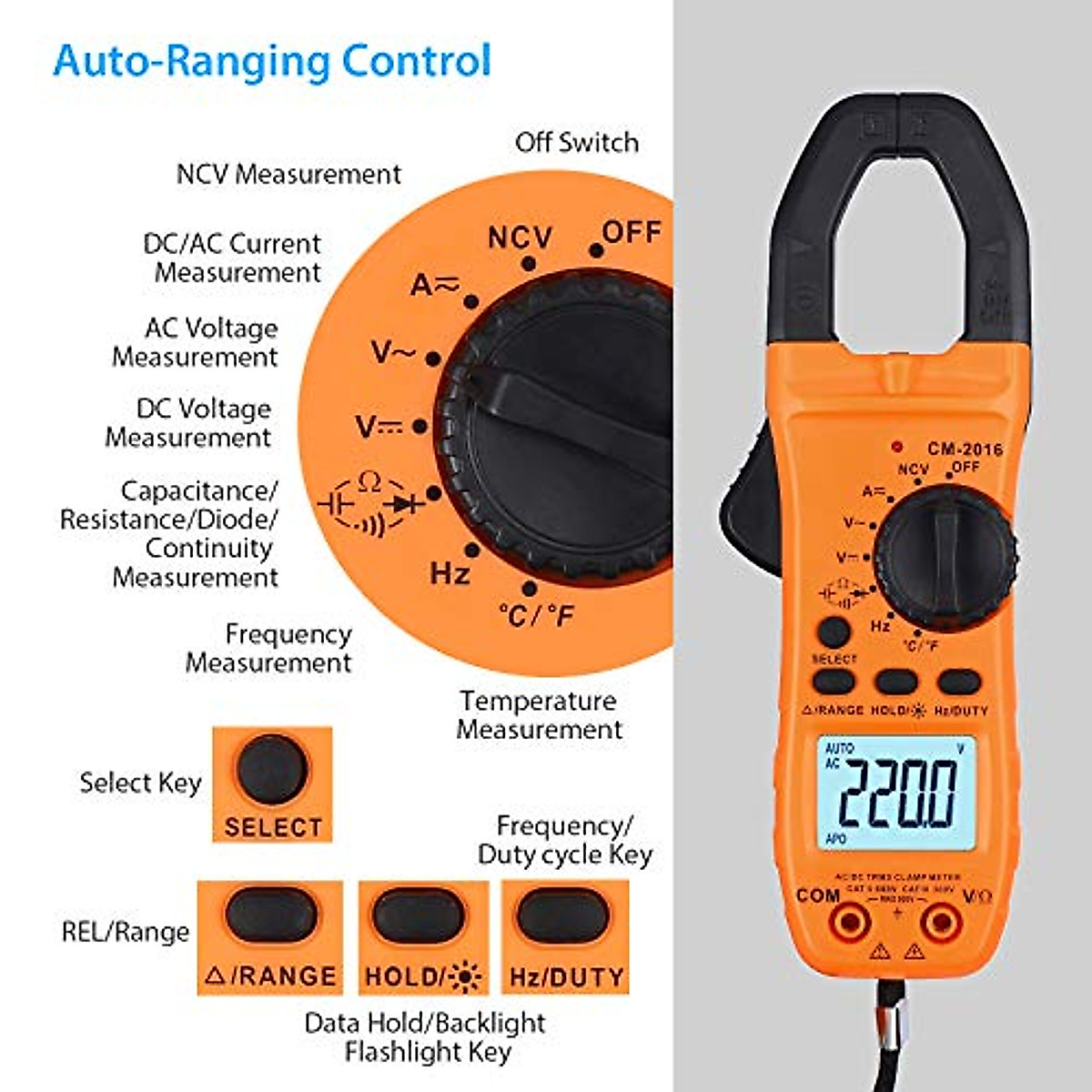 CAMWAY Portable Clamp Meter Digital 6000 Counts AC/DC Current TRMS AMP OHM Tester Capacitance Multimeter with Alligator Clips