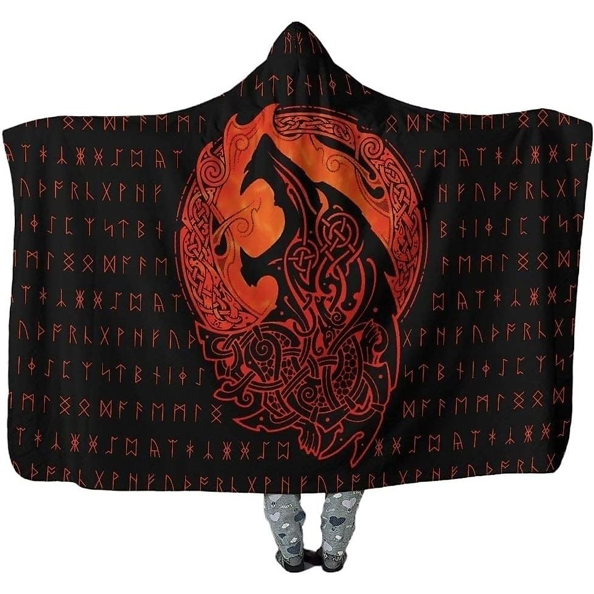 Viking 3D Printed Hooded Blanket Warm Soft Compass Fenrir Wolf Rune Celtic Knot Unisex Winter Wearable Hooded Blanket Double Thick Plush Fleece Blanket ( Color : Blanket , Size : 50x60in/130x150cm )